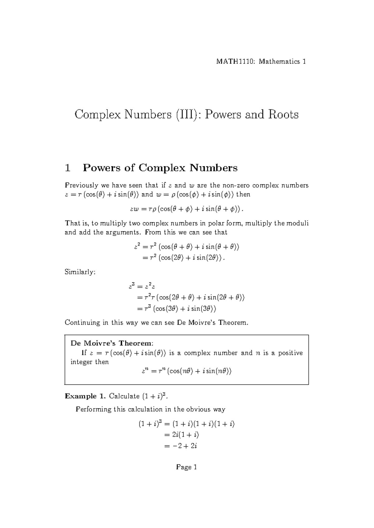 Lec06 Complex Numbers 3 - Complex Numbers (III): Powers and Roots 1 ...