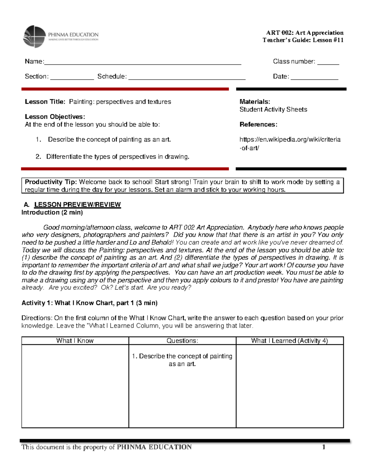 ART 002 MODULE 11 - Teacher’s Guide: Lesson # - Studocu