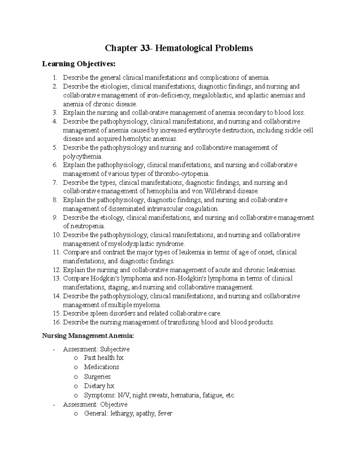 Chapter 33 - Chapter 33- Hematological Problems Learning Objectives: Describe the general ...