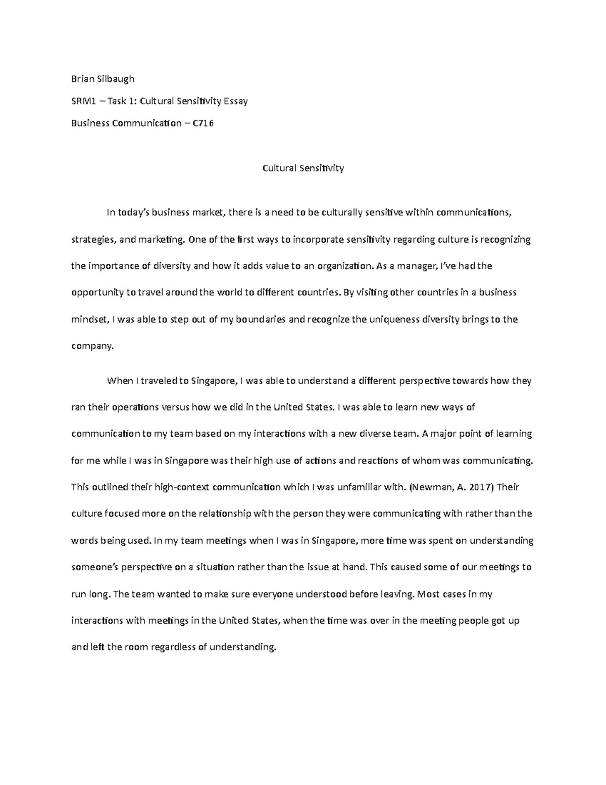 SRM1 TASK 1 Cultural Sensitivity Essay - Brian Silbaugh SRM1 – Task 1 ...