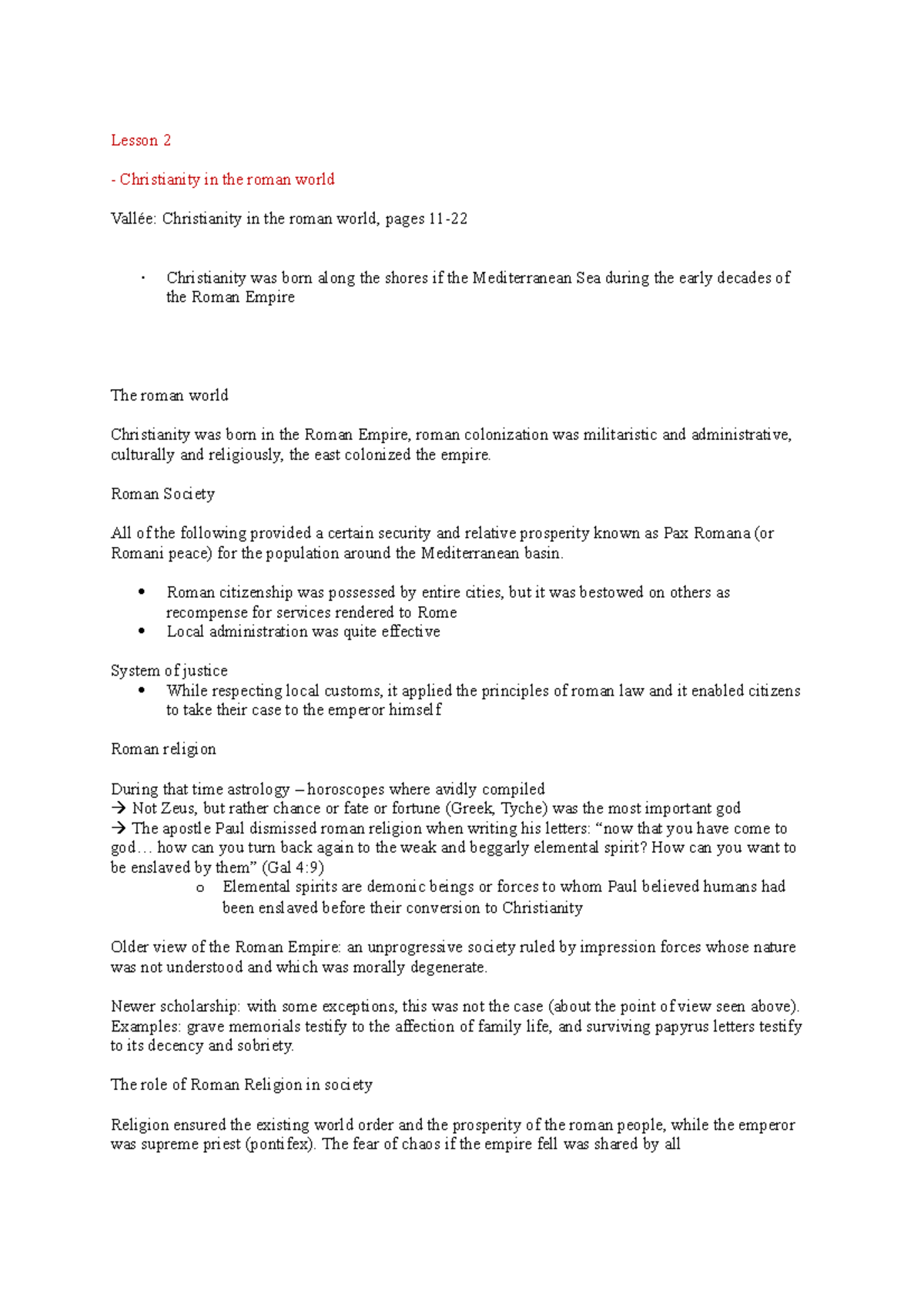 Lesson 2 - Lecture notes 2 - Lesson 2 Christianity in the roman world ...