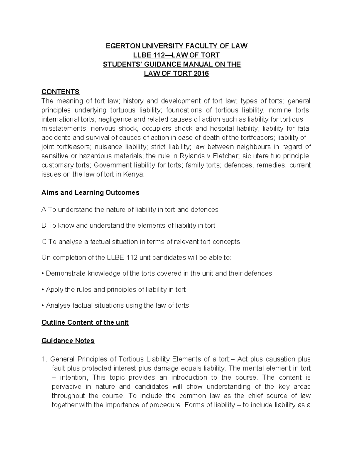 TORT LAW- Lesson 1 - Class Presentation-2023-1 - EGERTON UNIVERSITY ...