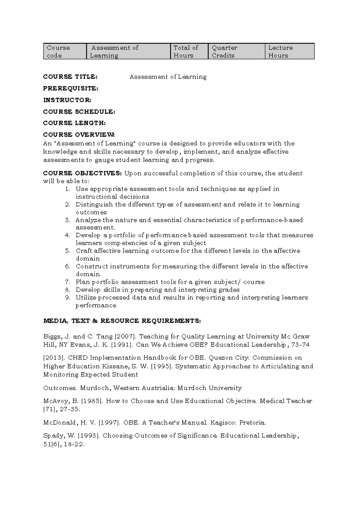 Assessment of Learning Syllabus - Course code Assessment of Learning ...