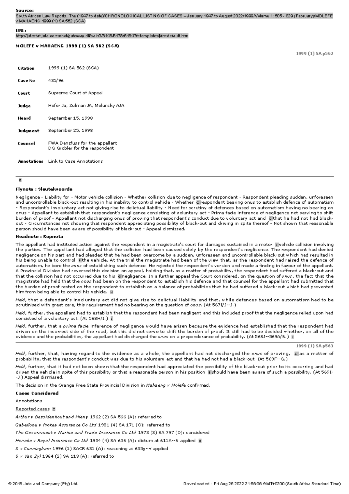 Molefe v Mahaeng 1999 (1) SA 562 (SCA) - - Studocu