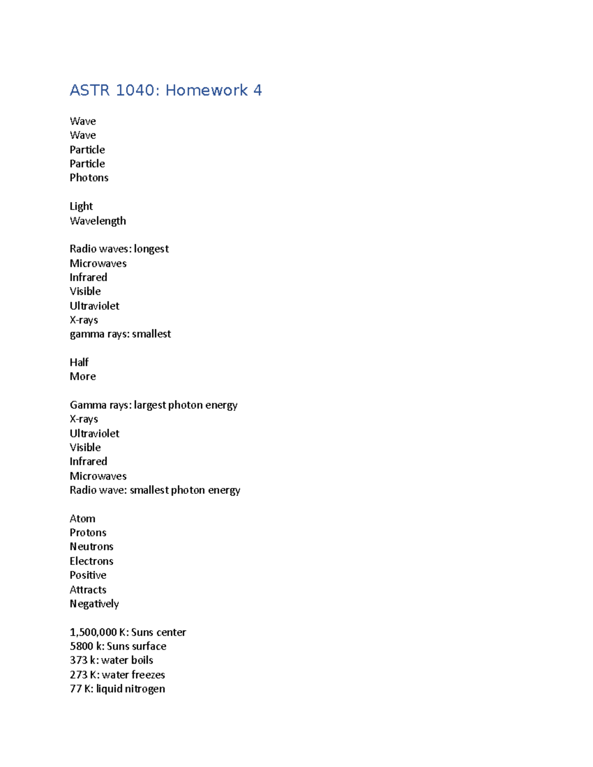 ASTR 1040 Homework 4 - ASTR 1040: Homework 4 Wave Wave Particle Particle Photons Light ...