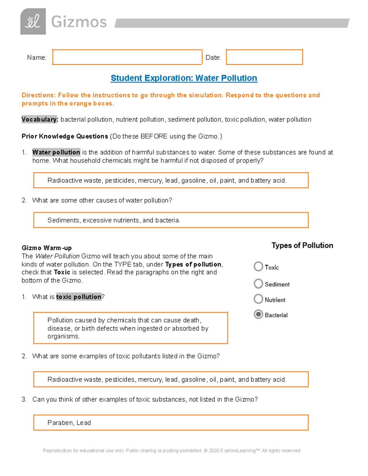 Gizmo Student Exploration: Water Pollution Answers - Name: Date ...