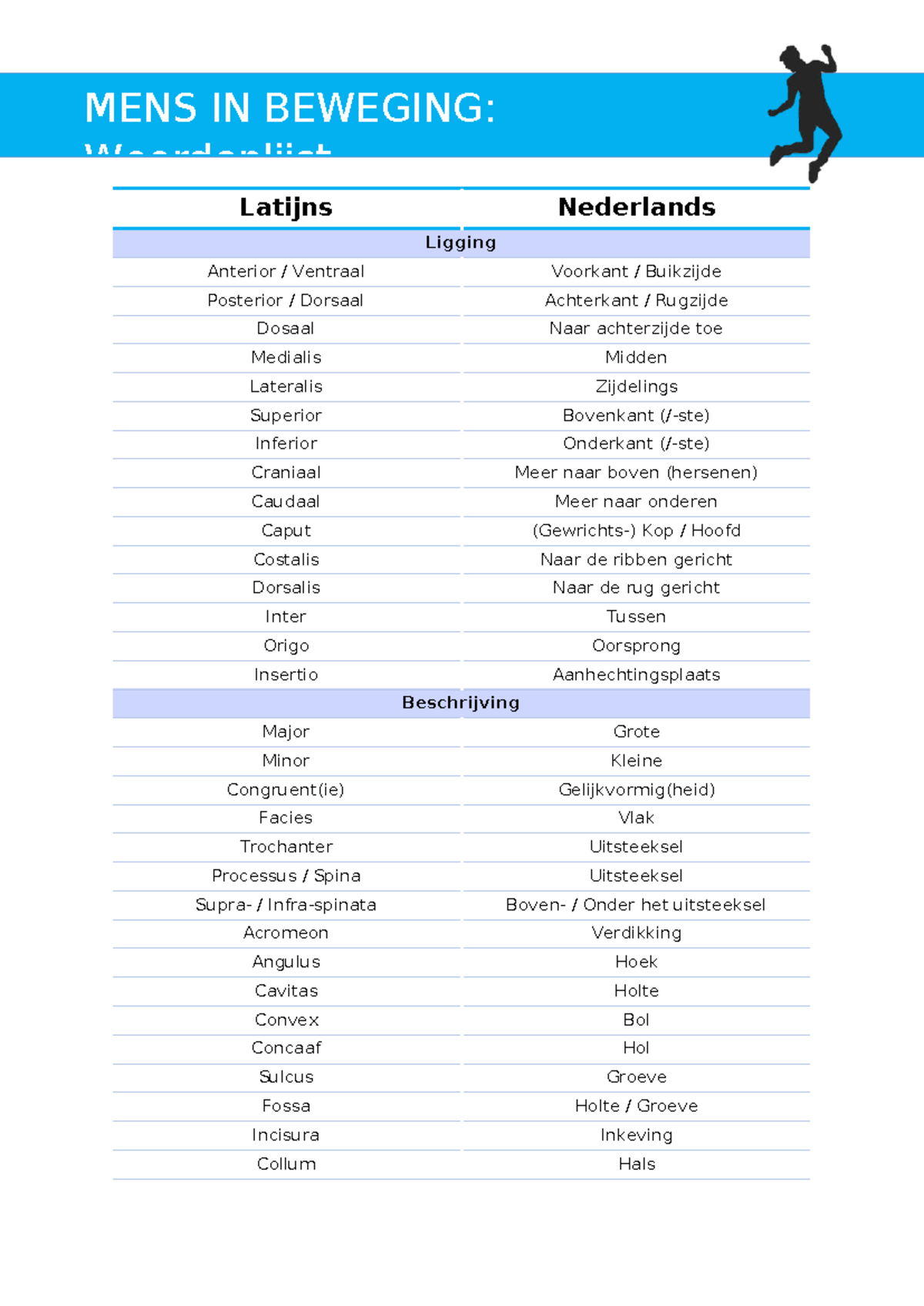 Woordenlijst - Latijns Nederlands Ligging Anterior / Ventraal Voorkant / Buikzijde Posterior ...