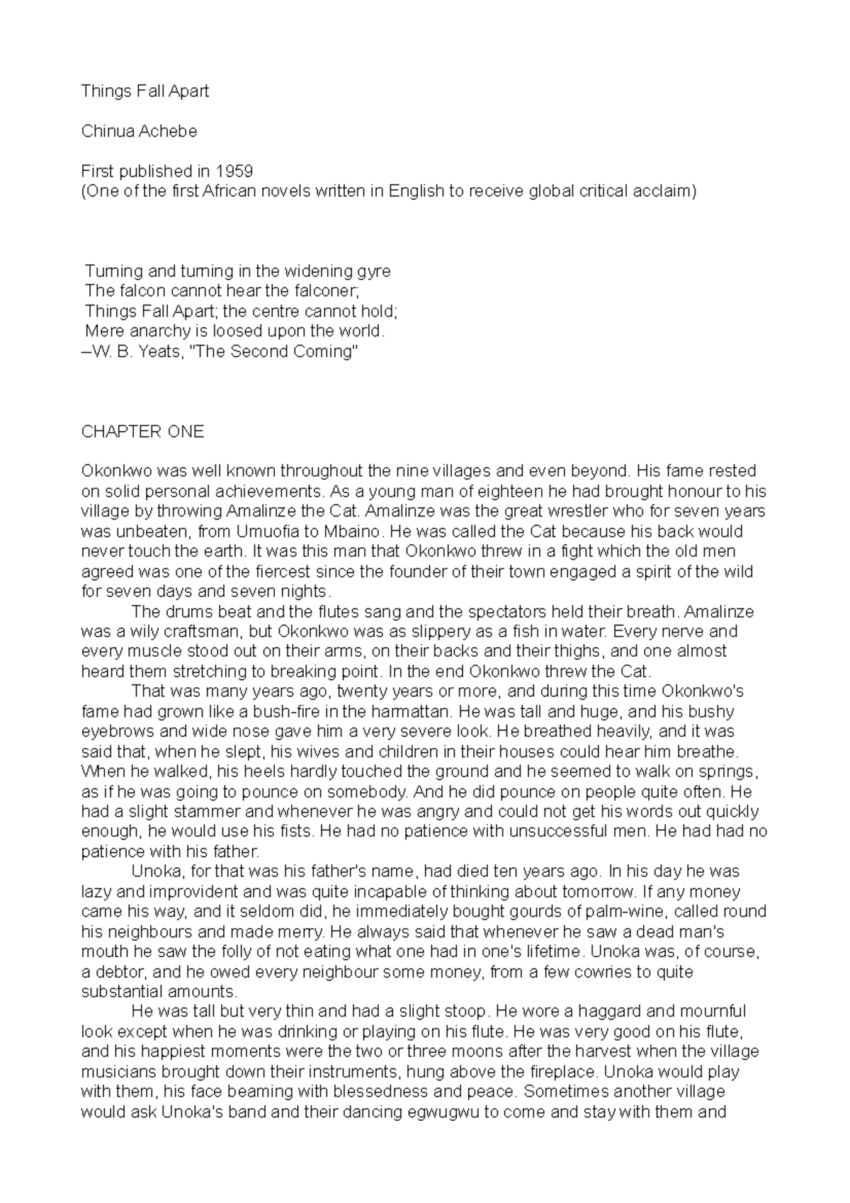 Things Fall Apart - This is the text we had to answer questions about ...