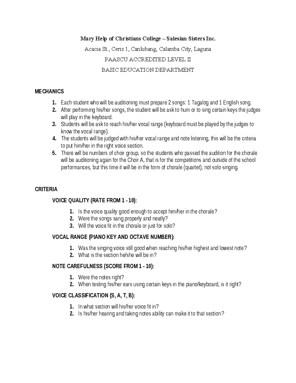 Choir Mechanics AND Criteria FOR Auditioning - Mary Help of Christians ...
