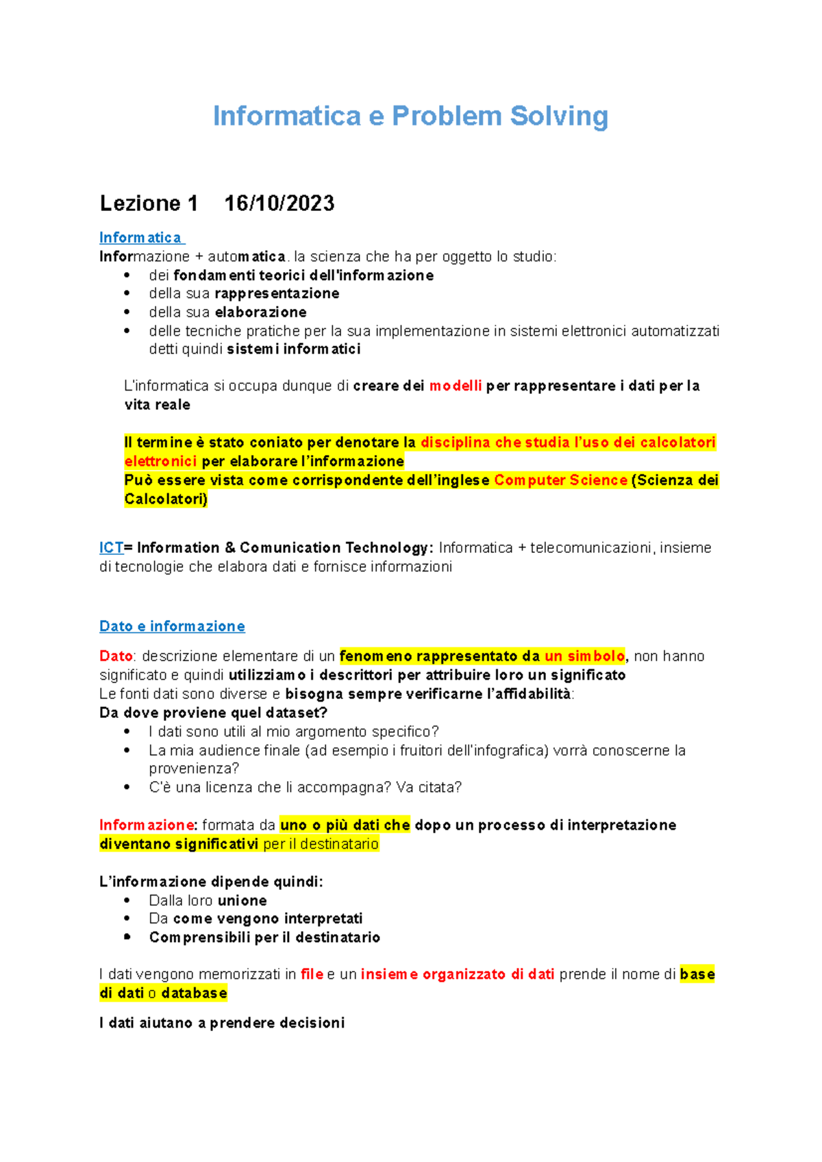 Informatica e problem solving - Informatica e Problem Solving Lezione 1 16/10/ Informatica - Studocu