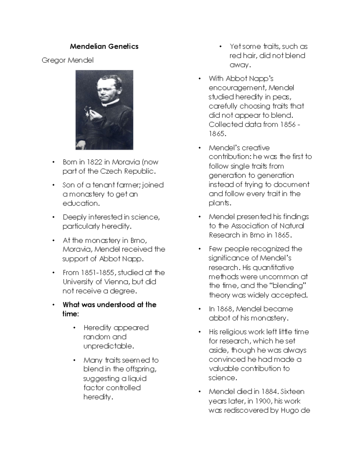 Mendelian Genetics - notes - Mendelian Genetics Gregor Mendel Born in ...