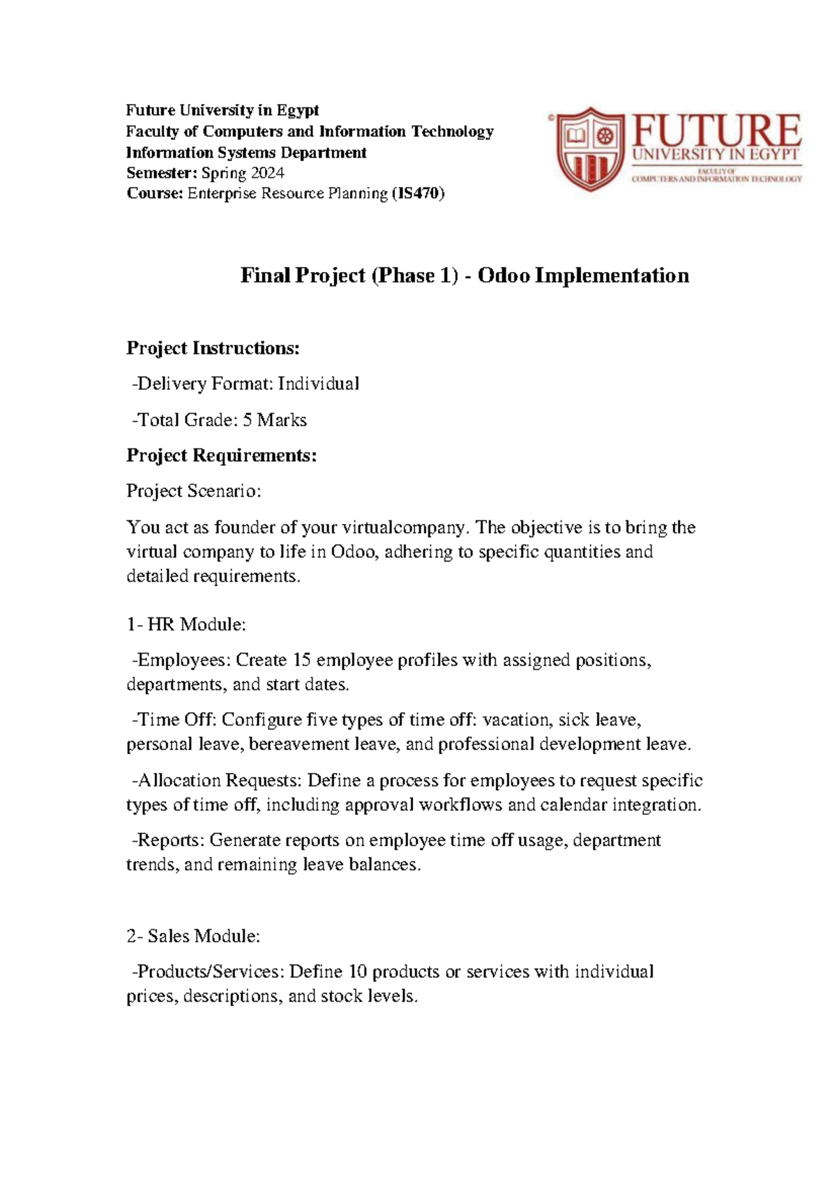 ERP project instructions (Phase 1) - Future University in Egypt Faculty ...