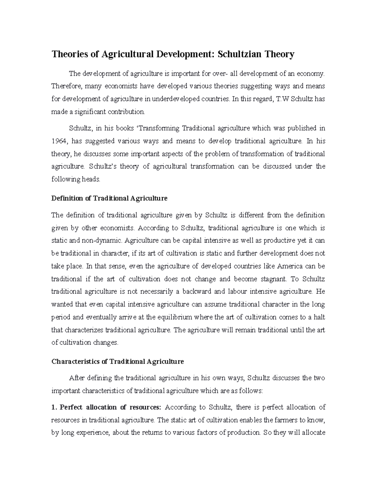 Theories of Agricultural Development, Schultzian Theory - Therefore ...