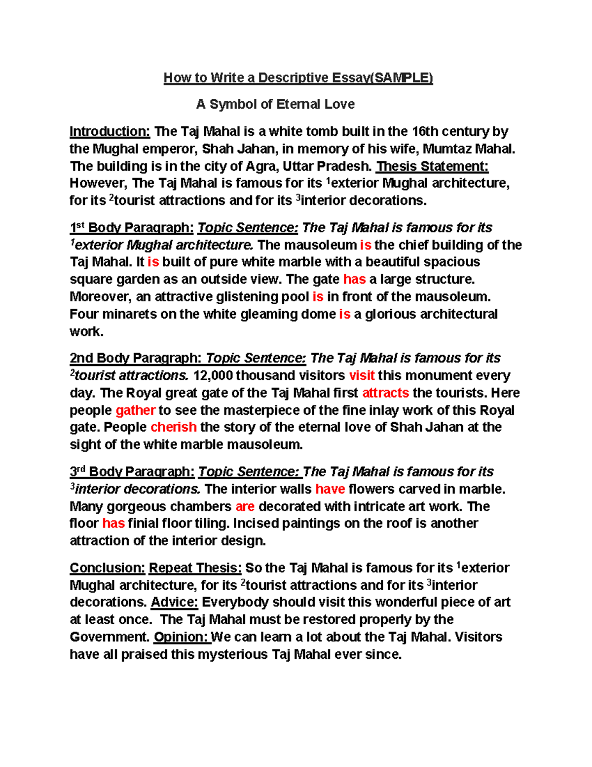Sample(Taj Mahal)How to Write a Descriptive Essay - How to Write a ...