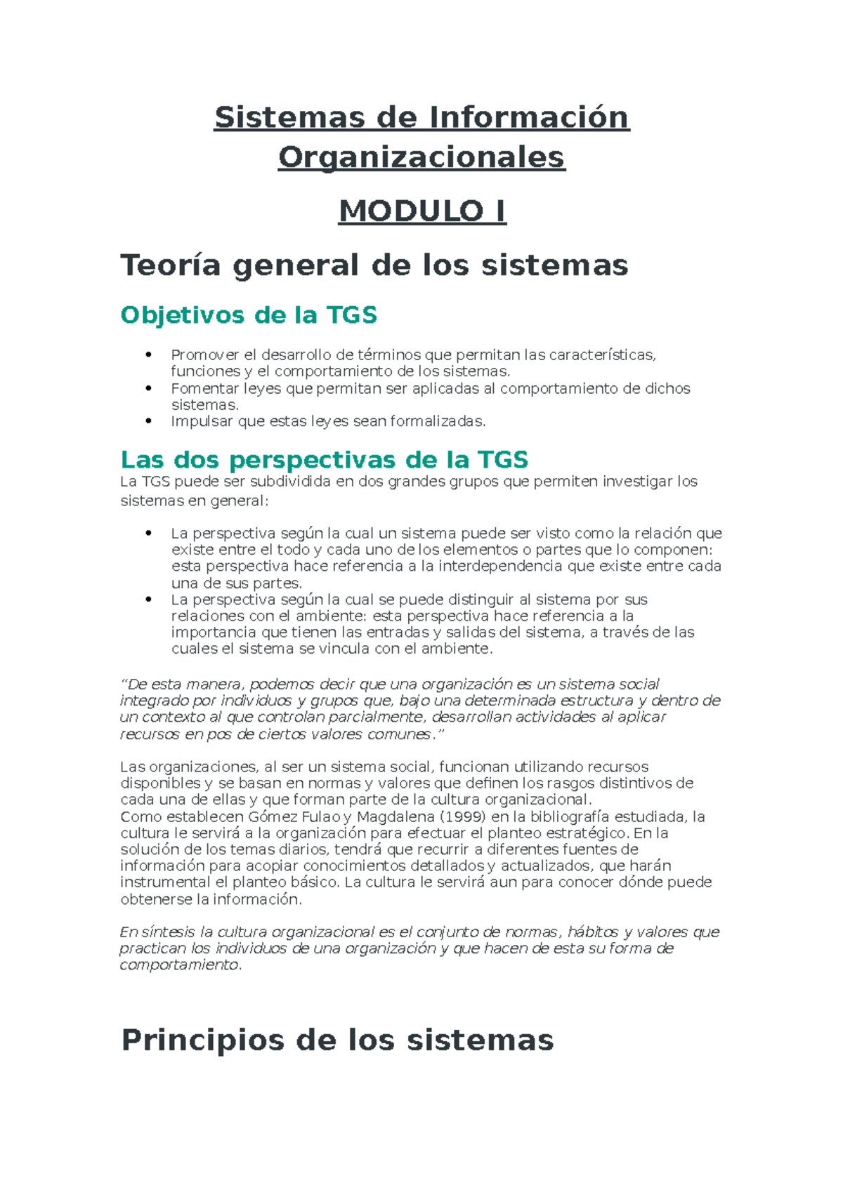 Resumen-Sistema de Inf. Org.-Modulo I - Sistemas de Información Organizacionales MODULO I Teoría ...
