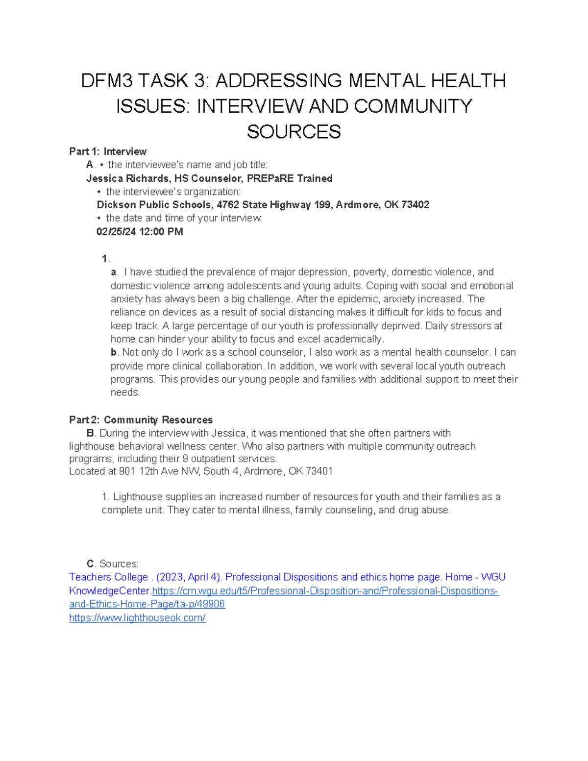 DFM3 TASK 3 Addressing Mental Health Issues Interview AND Community Sources - DFM3 TASK 3: - Studocu