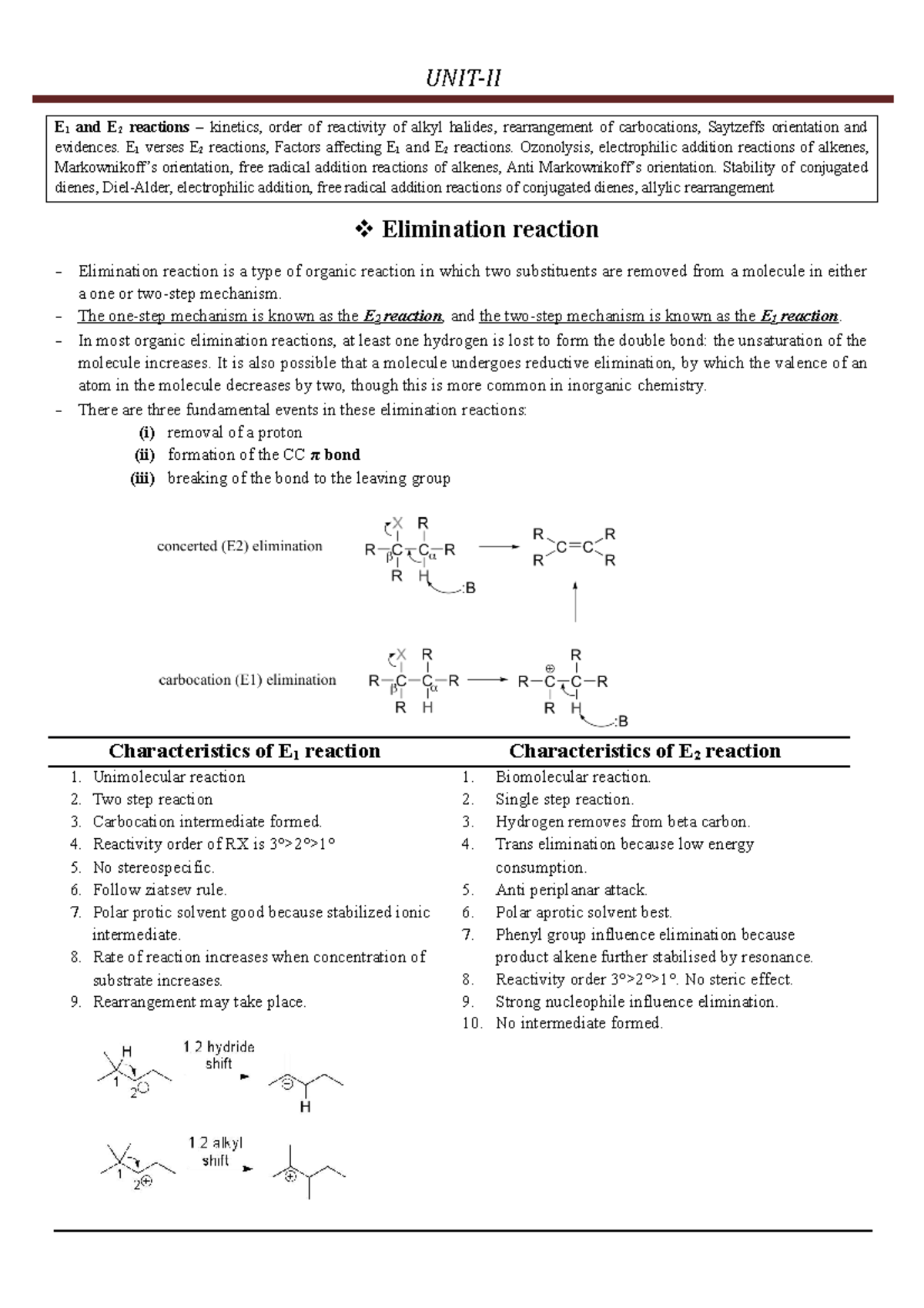 UNIT - II E1 and E2 Reactions - Elimination reaction - Elimination ...
