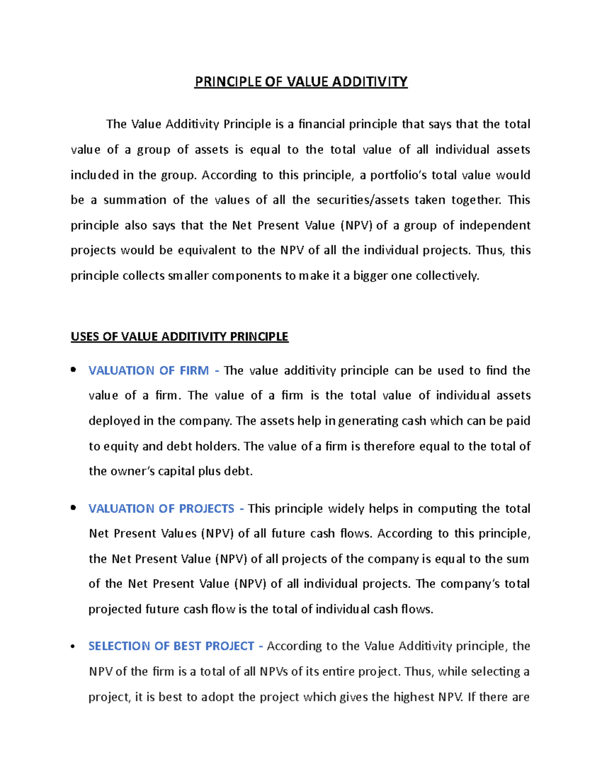 Principle OF Value Additivity - PRINCIPLE OF VALUE ADDITIVITY The Value ...