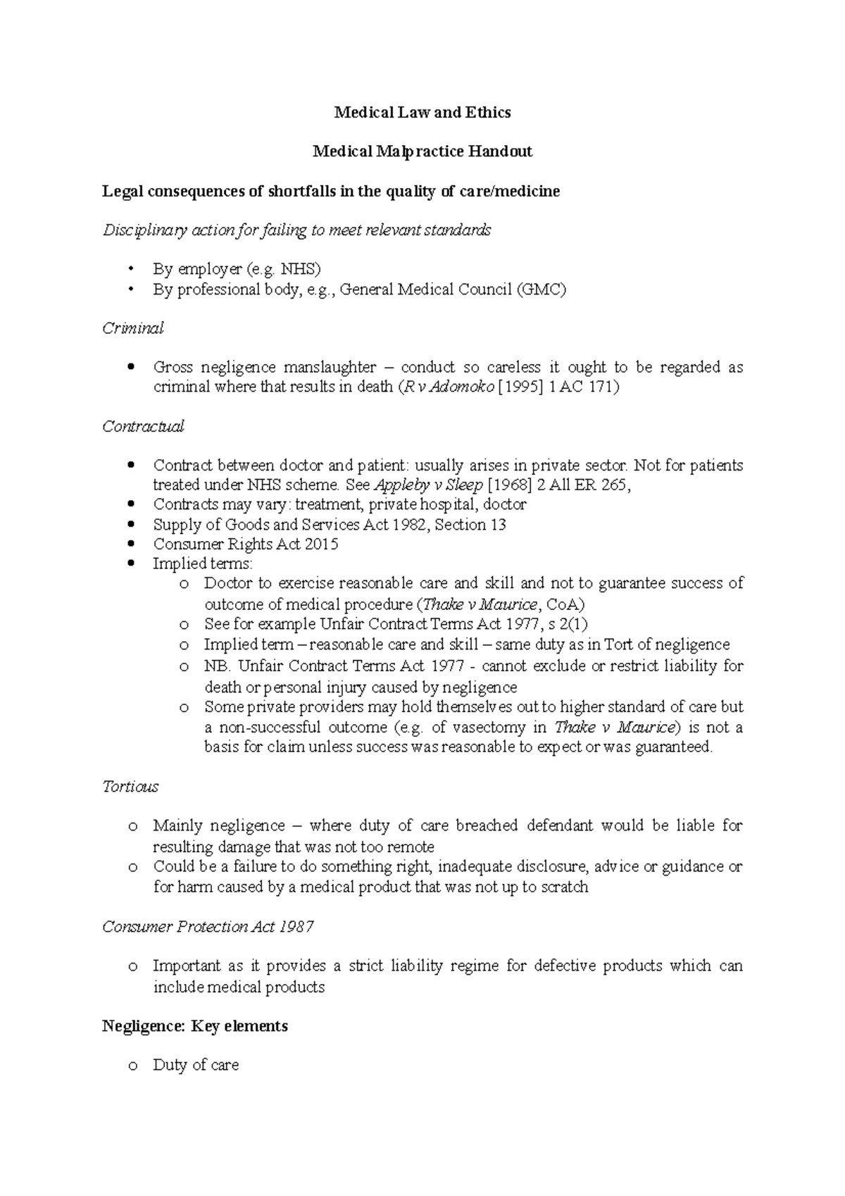 Medical Malpractice - Lecture notes Week 7 - Medical Law and Ethics ...