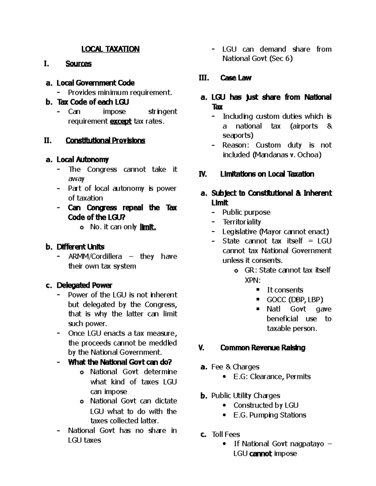Principles of LGT, RPT and DST - LOCAL TAXATION I. Sour ces a. Local ...