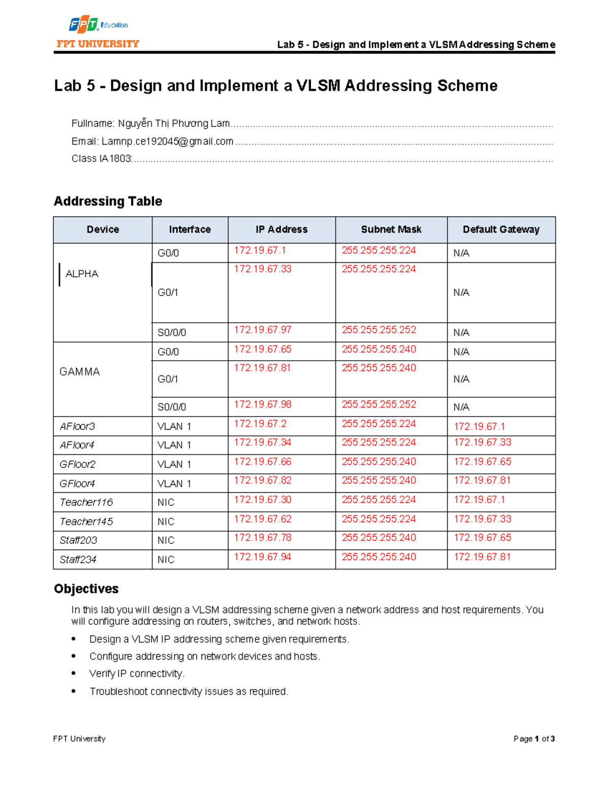 Lab5 - Lamntpce 192045 Design and Implement a VLSM Addressing Scheme - Lab 5 - Design and ...