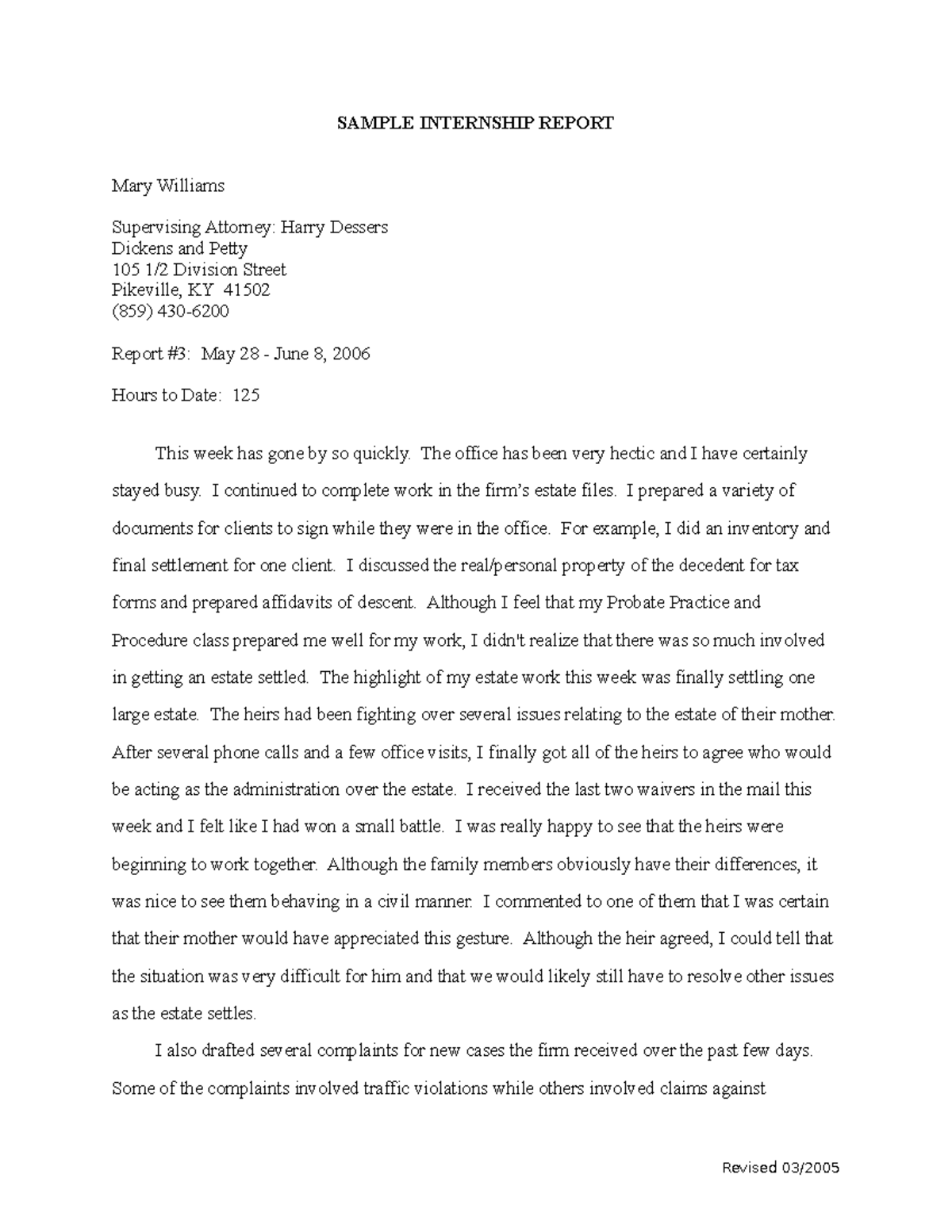 Sample Internship Report - SAMPLE INTERNSHIP REPORT Mary Williams ...