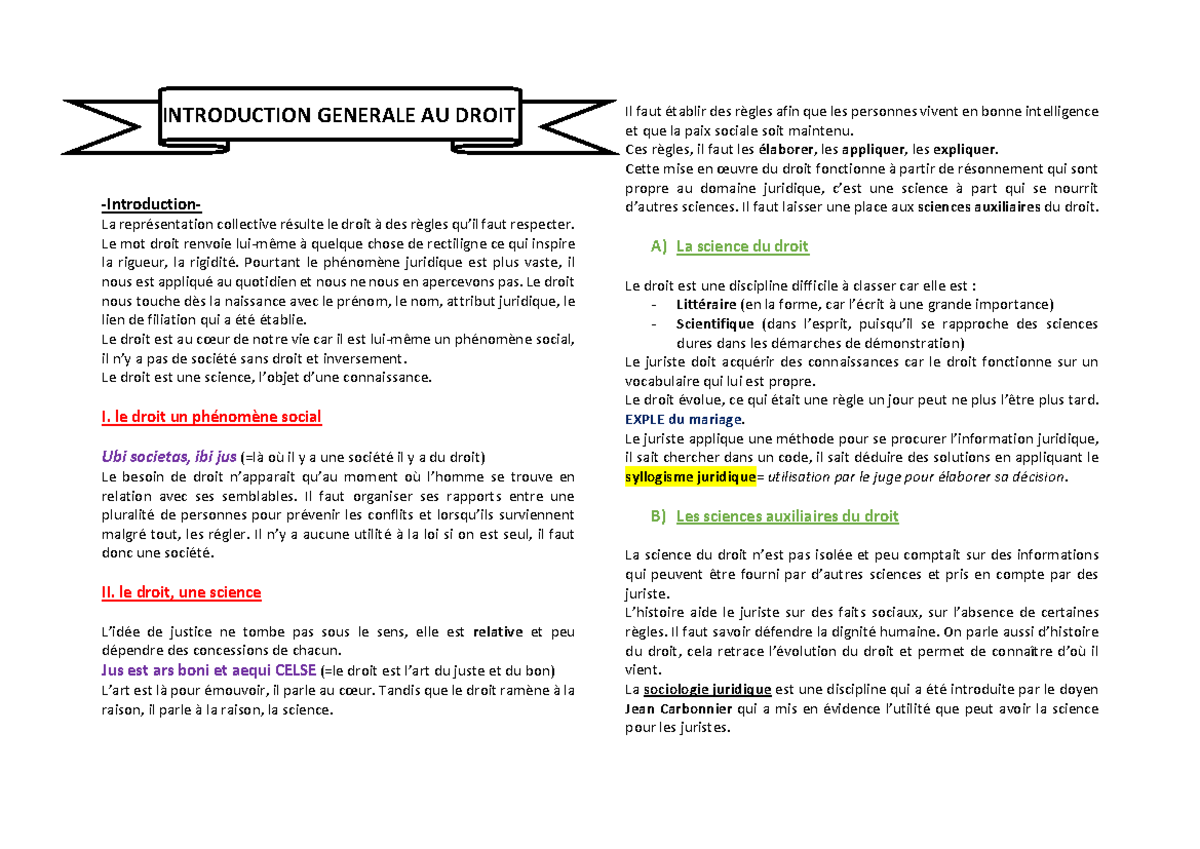 Intro général au droit - INTRODUCTION GENERALE AU DROIT Introduction- La représentation ...