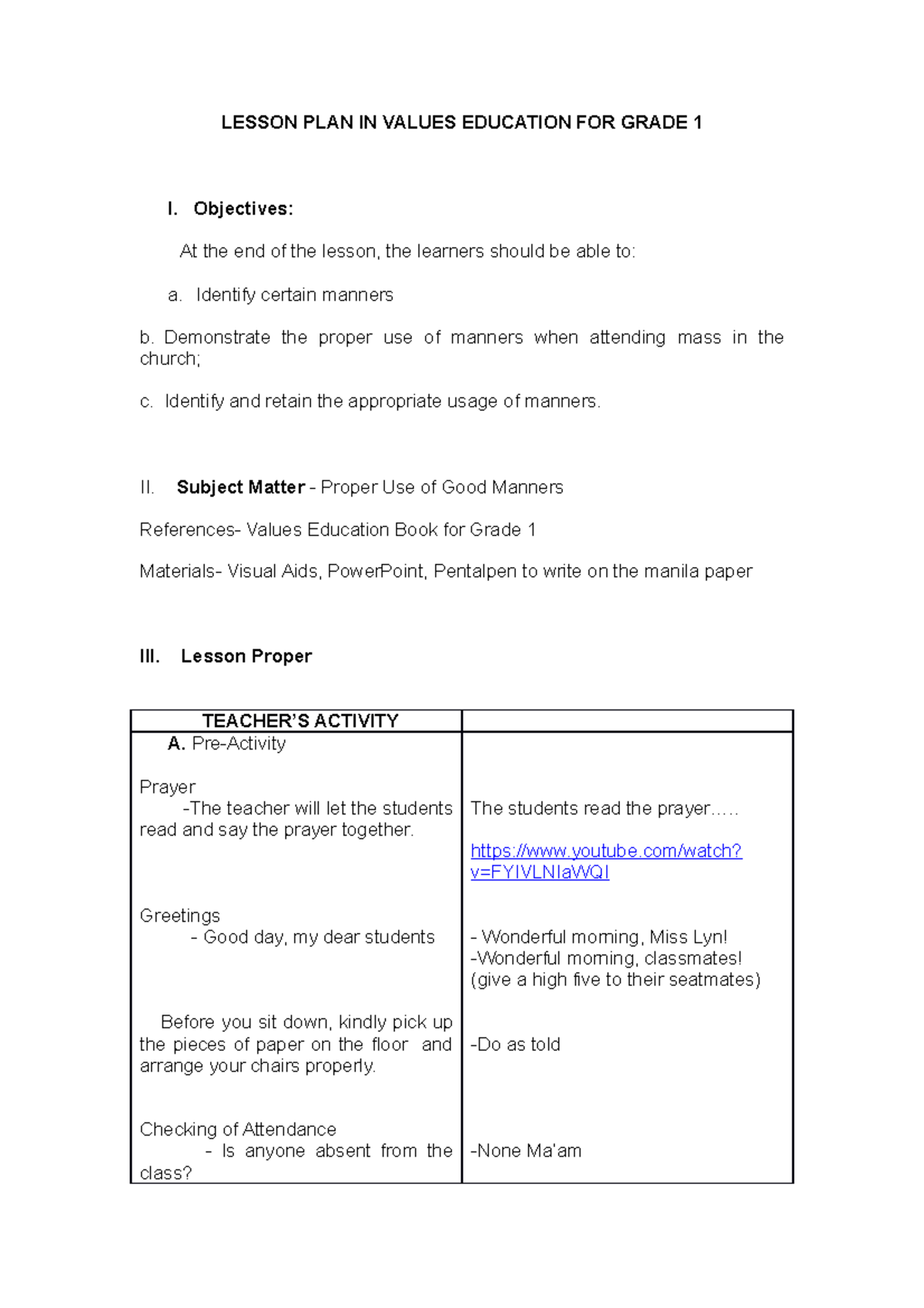 Lesson PLAN IN Values Education FOR Grade 1 - LESSON PLAN IN VALUES ...
