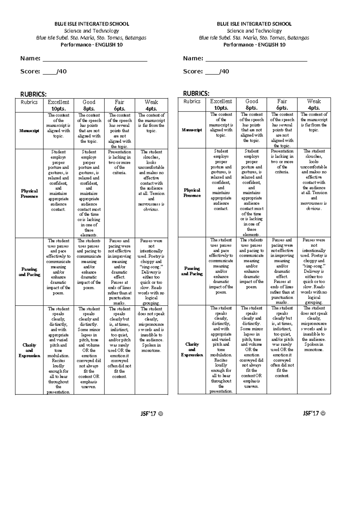 English 10 - Performance - BLUE ISLE INTEGRATED SCHOOL Science and ...