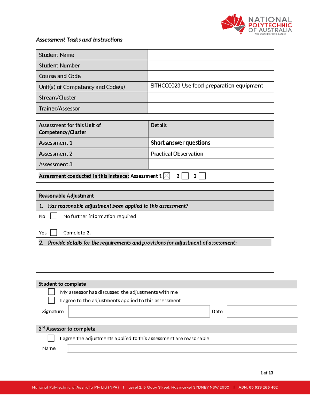 NPA Sithccc 023 Assessment 1 -Short Answers - Assessment Tasks and ...