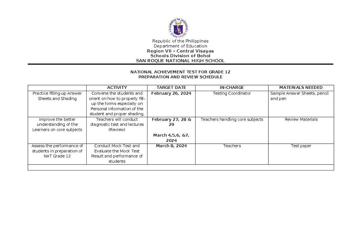 NAT-Schedule - national achievement test - Republic of the Philippines ...