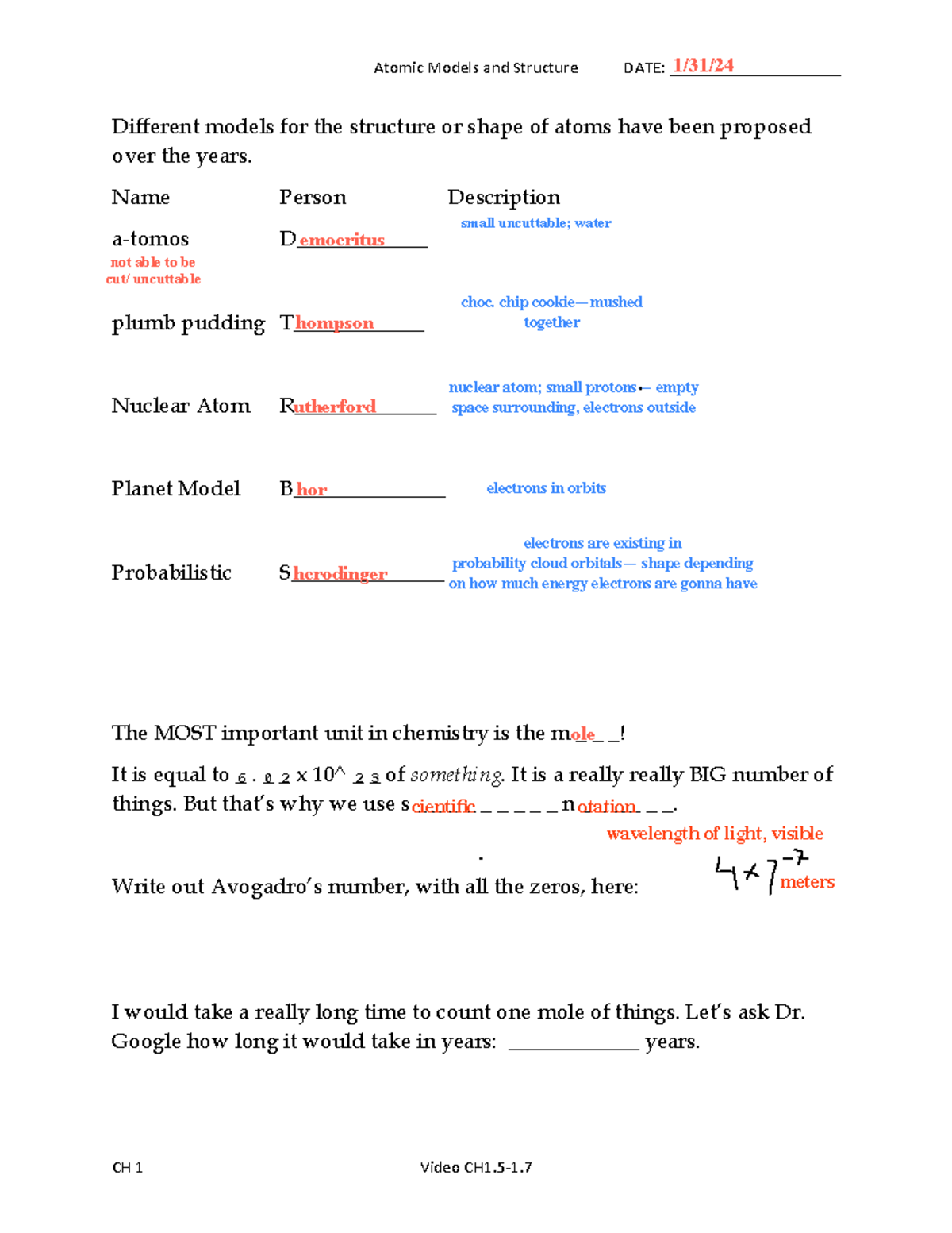 CHEM 120 In Class Worksheet Day 02 CH1a Atomic Structure - Atomic ...