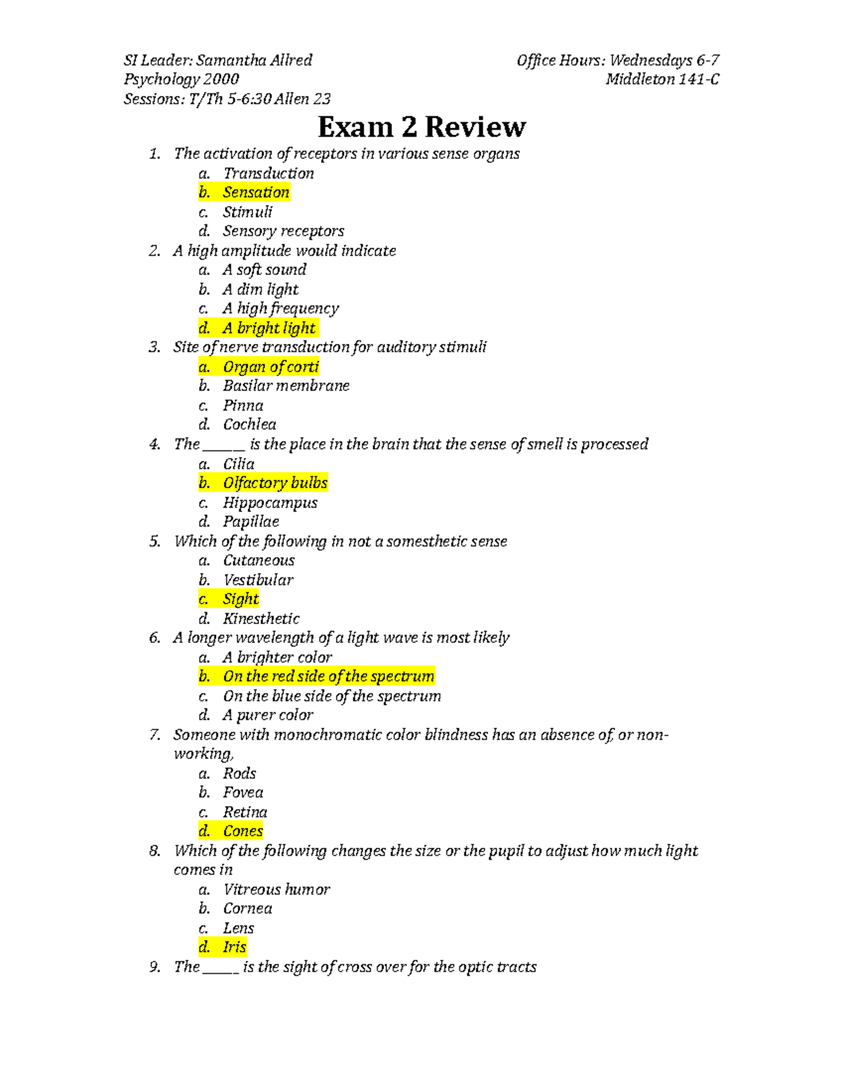 Exam 2 Review - Psychology 2000 Middleton 141-C Sessions: T/Th 5-6:30 ...