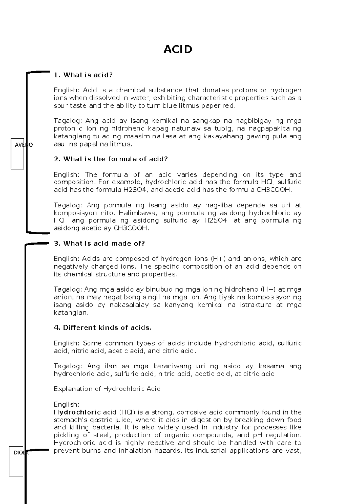 Tagalog - ACID 1. What is acid? English: Acid is a chemical substance ...