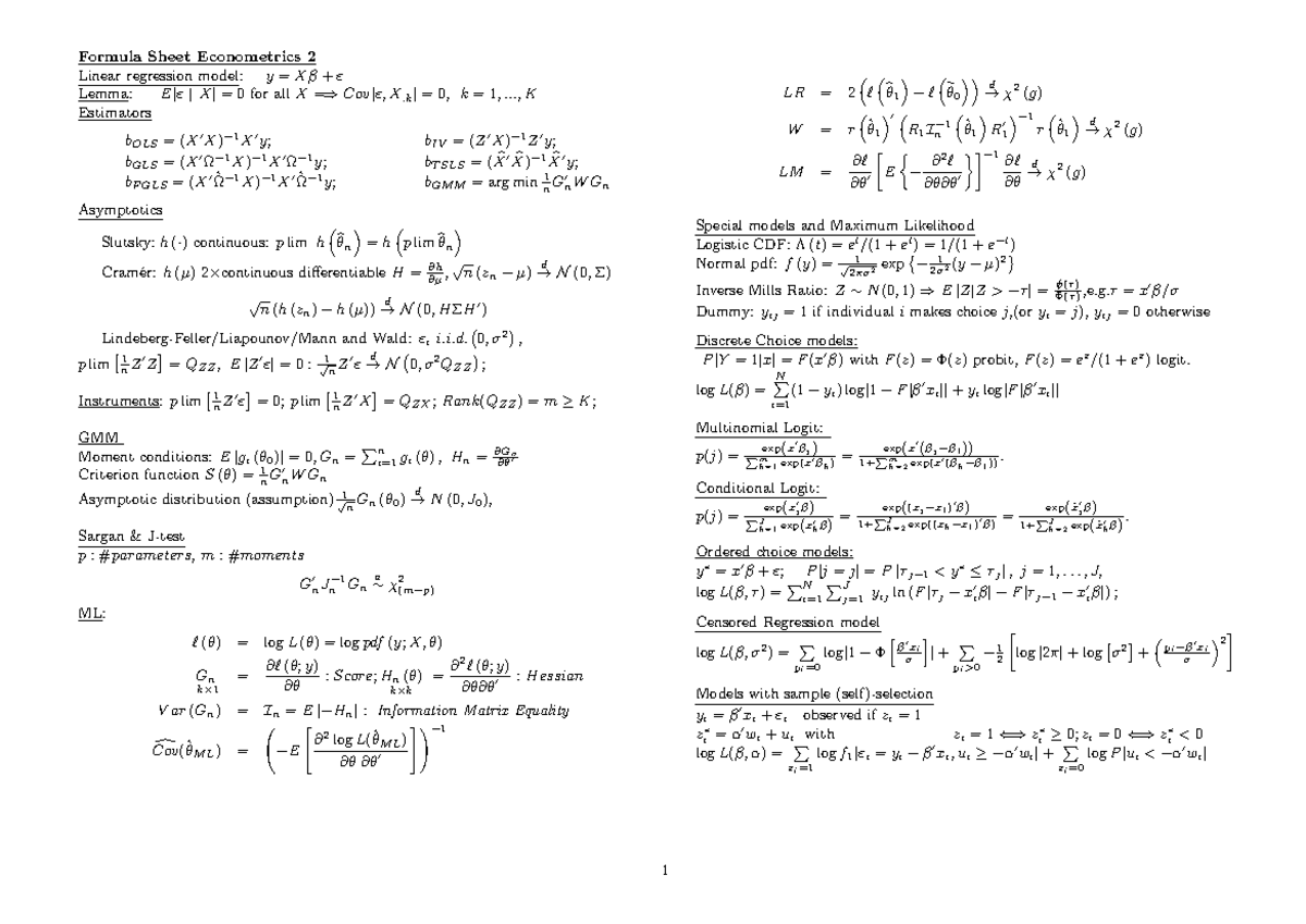 Formula Sheet 2024onepage - Formula Sheet Econometrics 2 Linear regression model: y = Xβ + ε ...