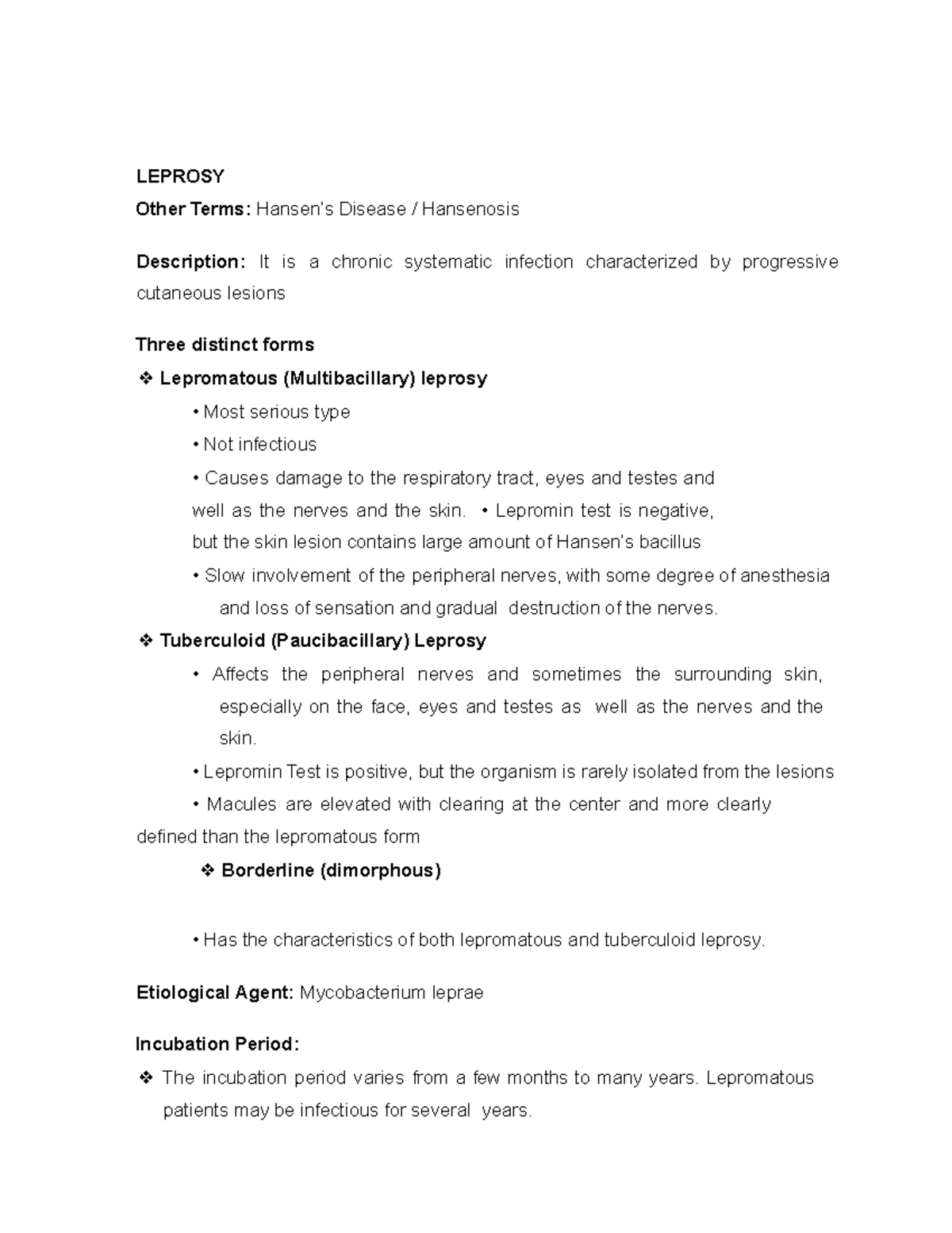 Leprosy - NOTES - LEPROSY Other Terms: Hansen’s Disease / Hansenosis ...