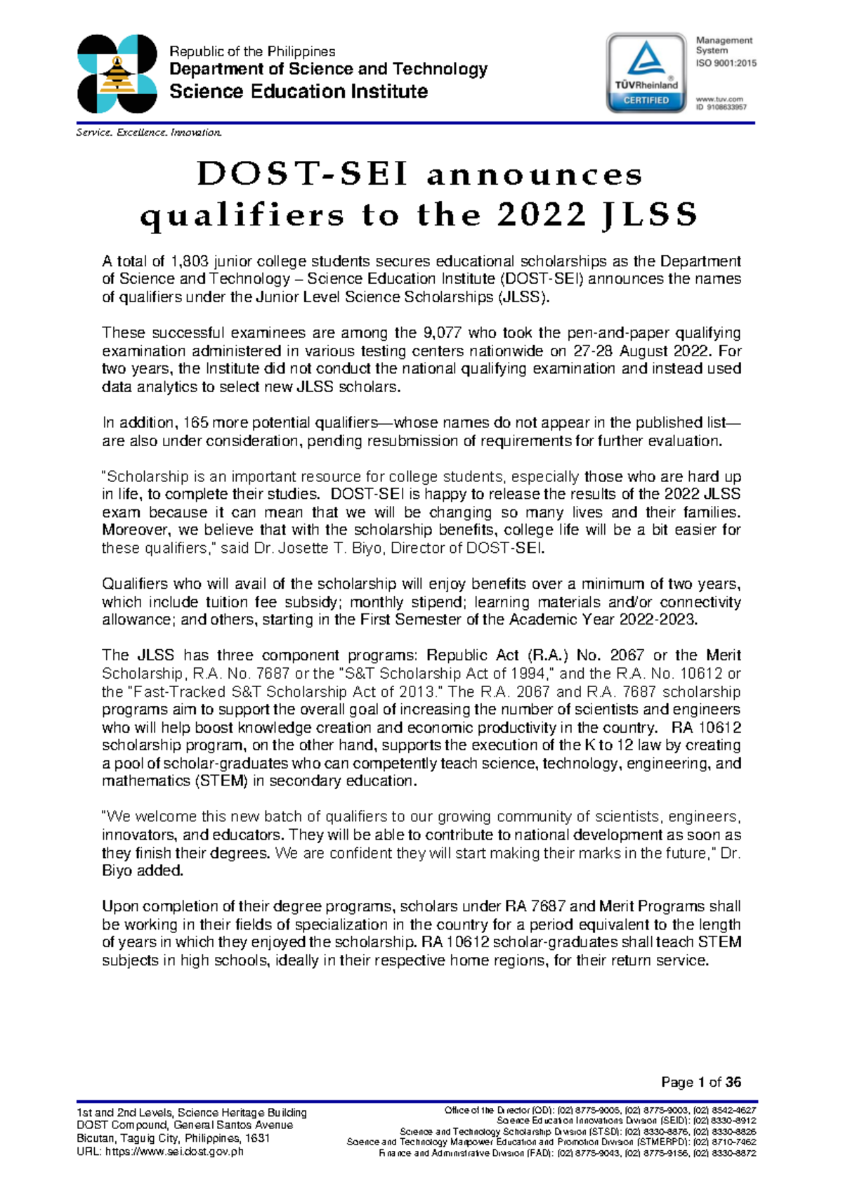 2022 JLSS Qualifiers - Dost JLSS results - Service. Excellence ...