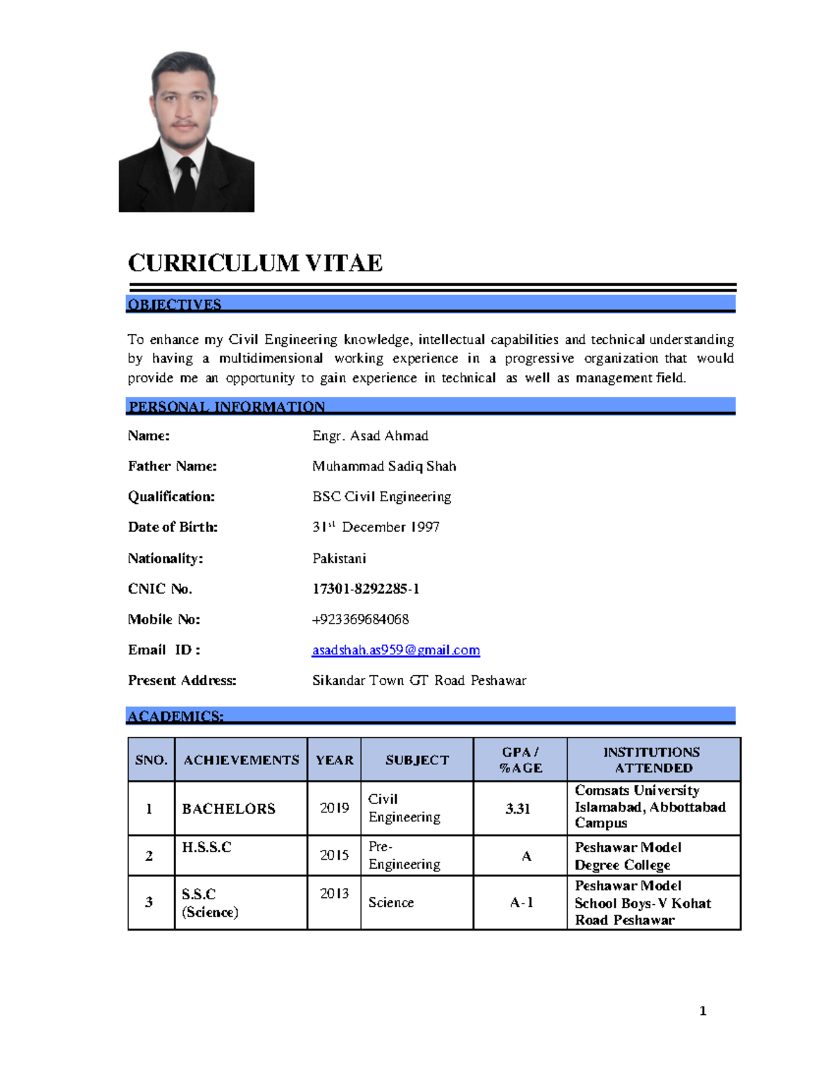 Asad cv - demonstration of oneself - 1 CURRICULUM VITAE OBJECTIVES To ...