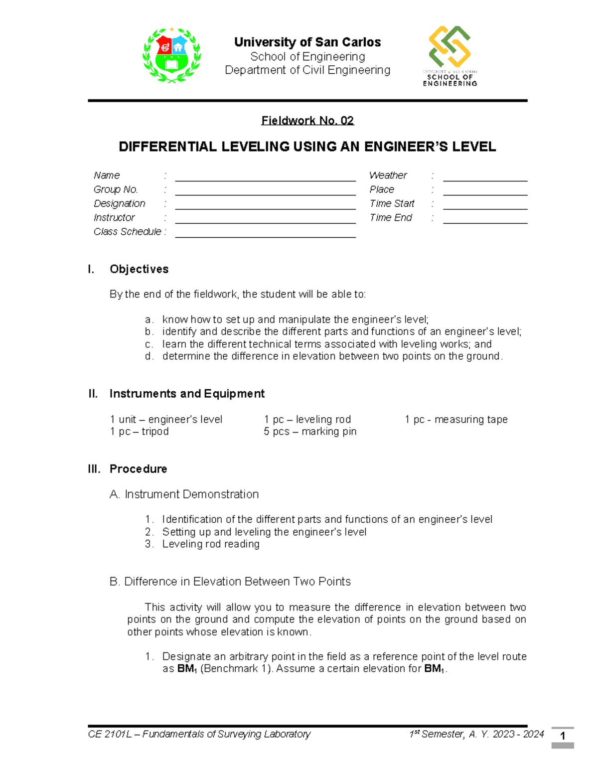 FW 2 - Differential Leveling Using An Engineer's Level - School of ...