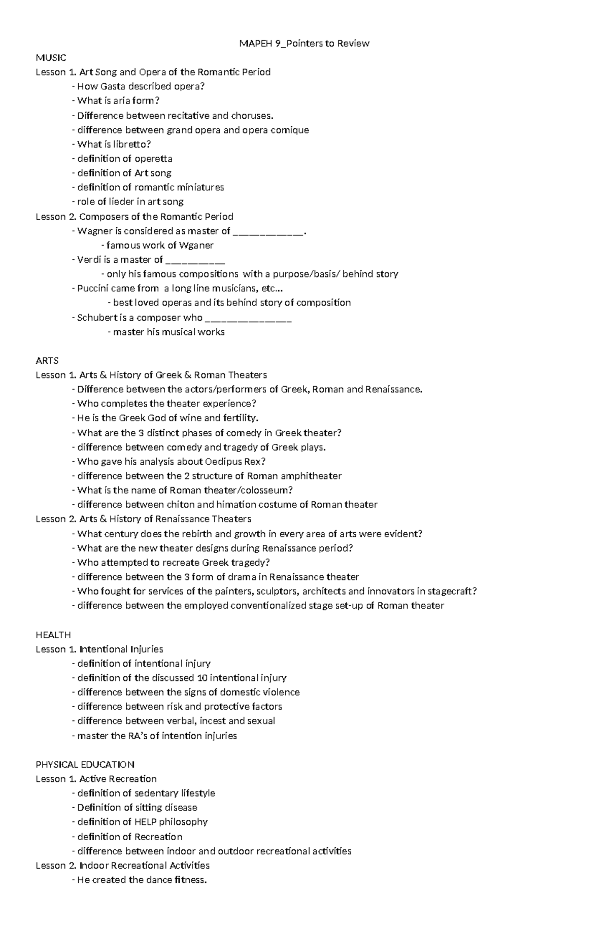Mapeh-9 Pointers-to-review - MAPEH 9_Pointers to Review MUSIC Lesson 1. Art Song and Opera of ...