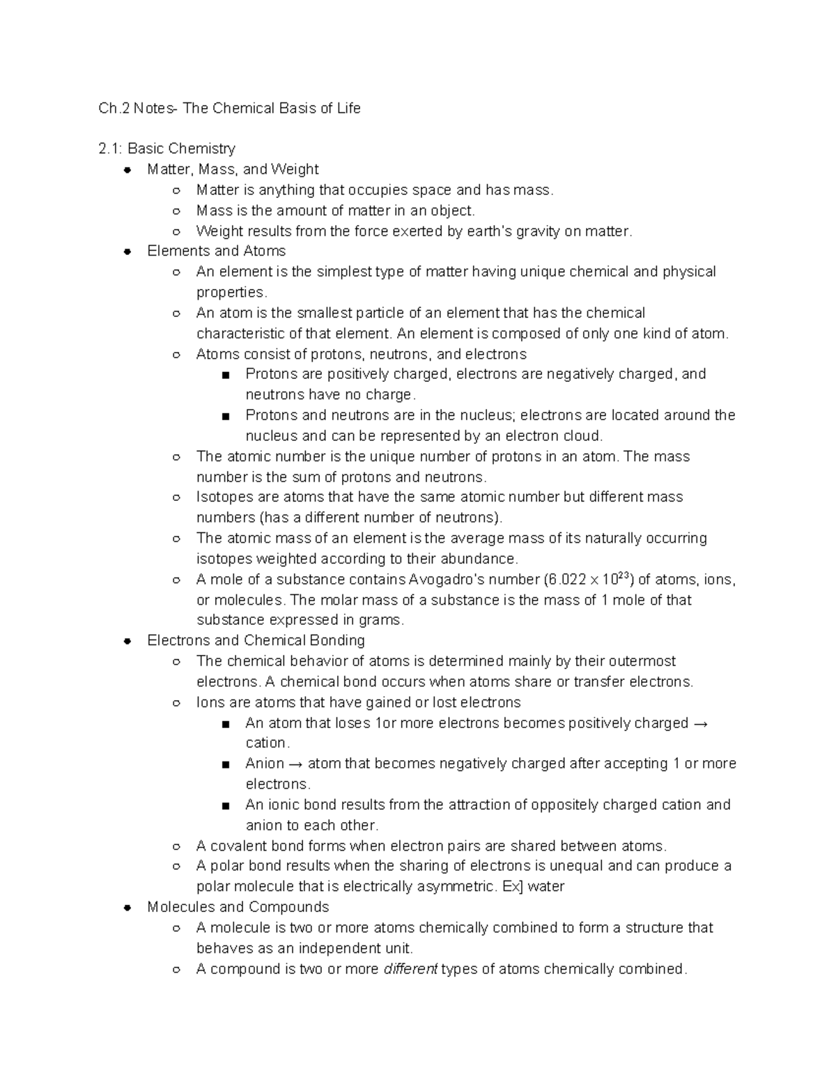 HW Notes- Ch.2 The Chemical Basis of Life - Ch Notes- The Chemical ...