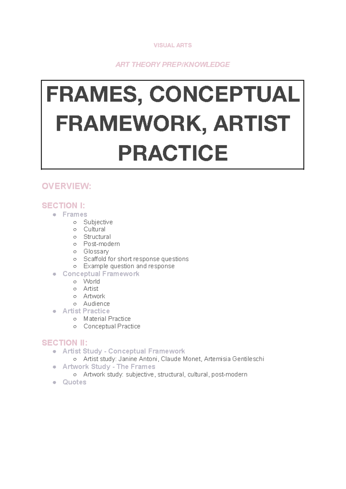 Visual Arts Prelim Notes - VISUAL ARTS ART THEORY PREP/KNOWLEDGE FRAMES ...