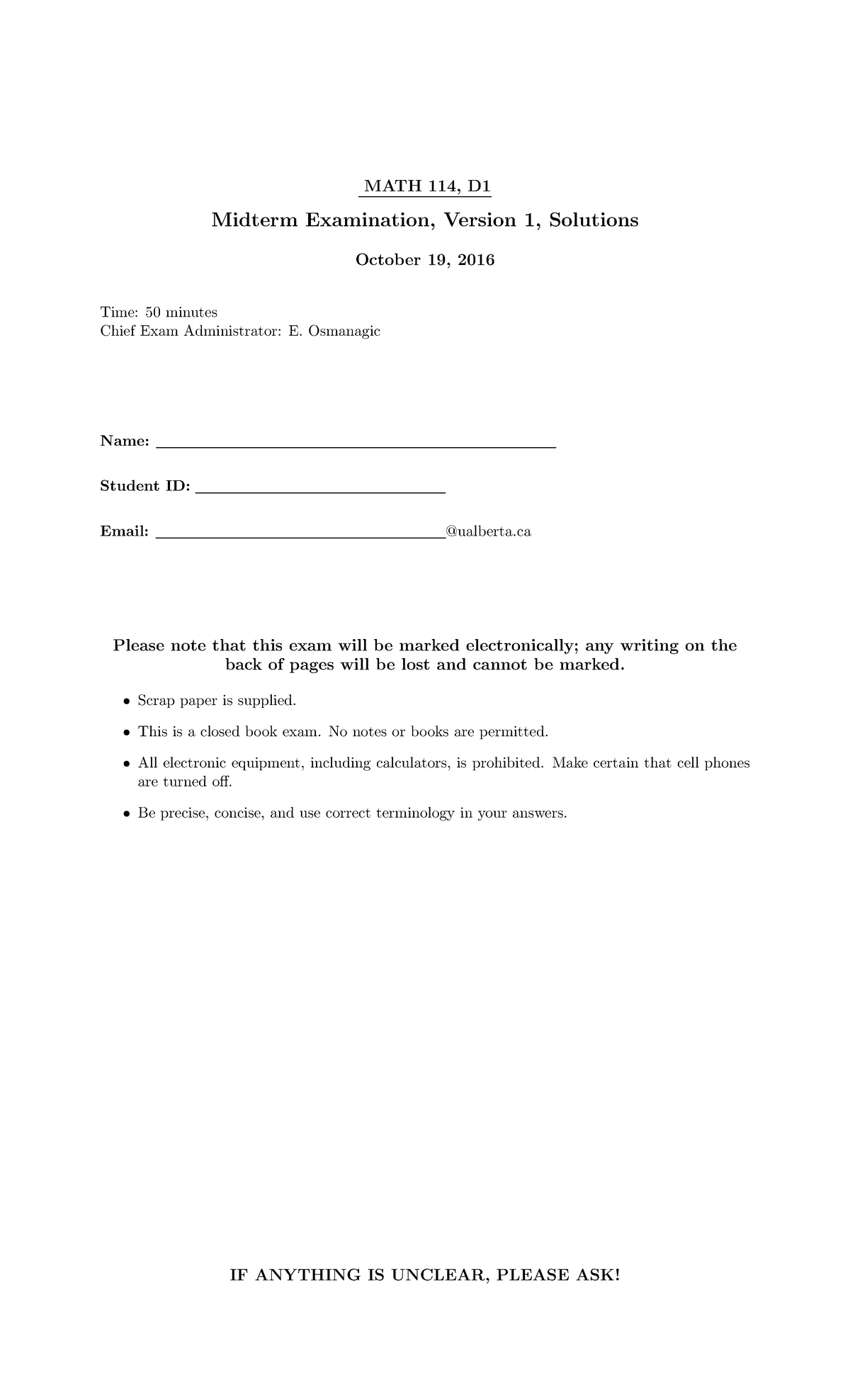 Sample/practice exam, questions and answers - MATH 114, D1 Midterm Examination, Version 1 ...