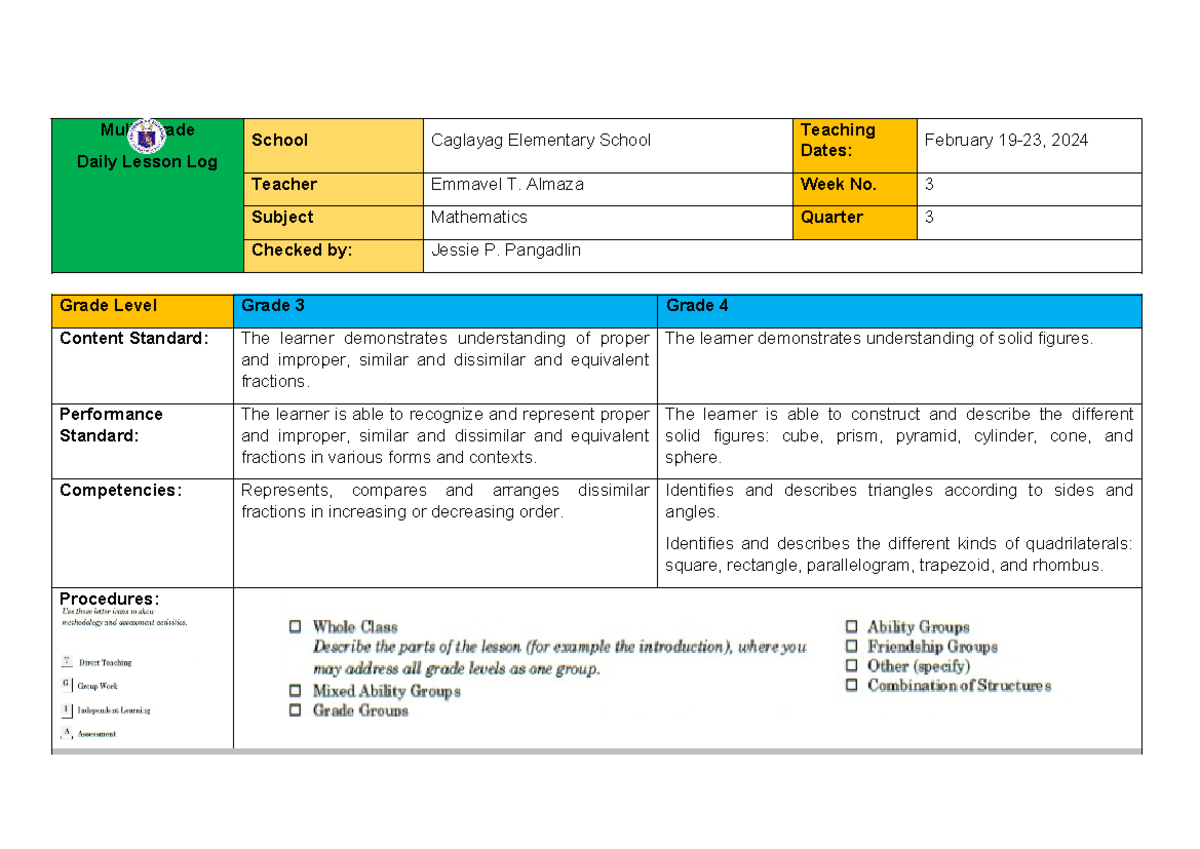 3rd Quarter - Math 3&4 - Week 3 - Multi-Grade Daily Lesson Log School ...