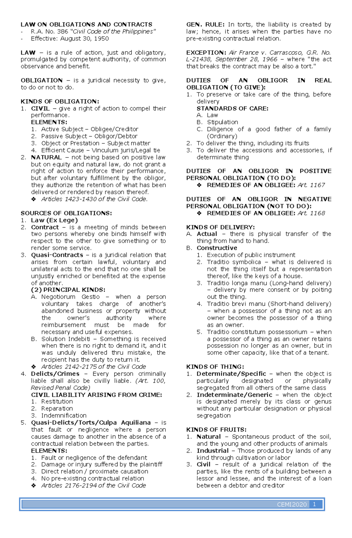 Handouts for the Law on Obligations 1 - LAW ON OBLIGATIONS AND ...