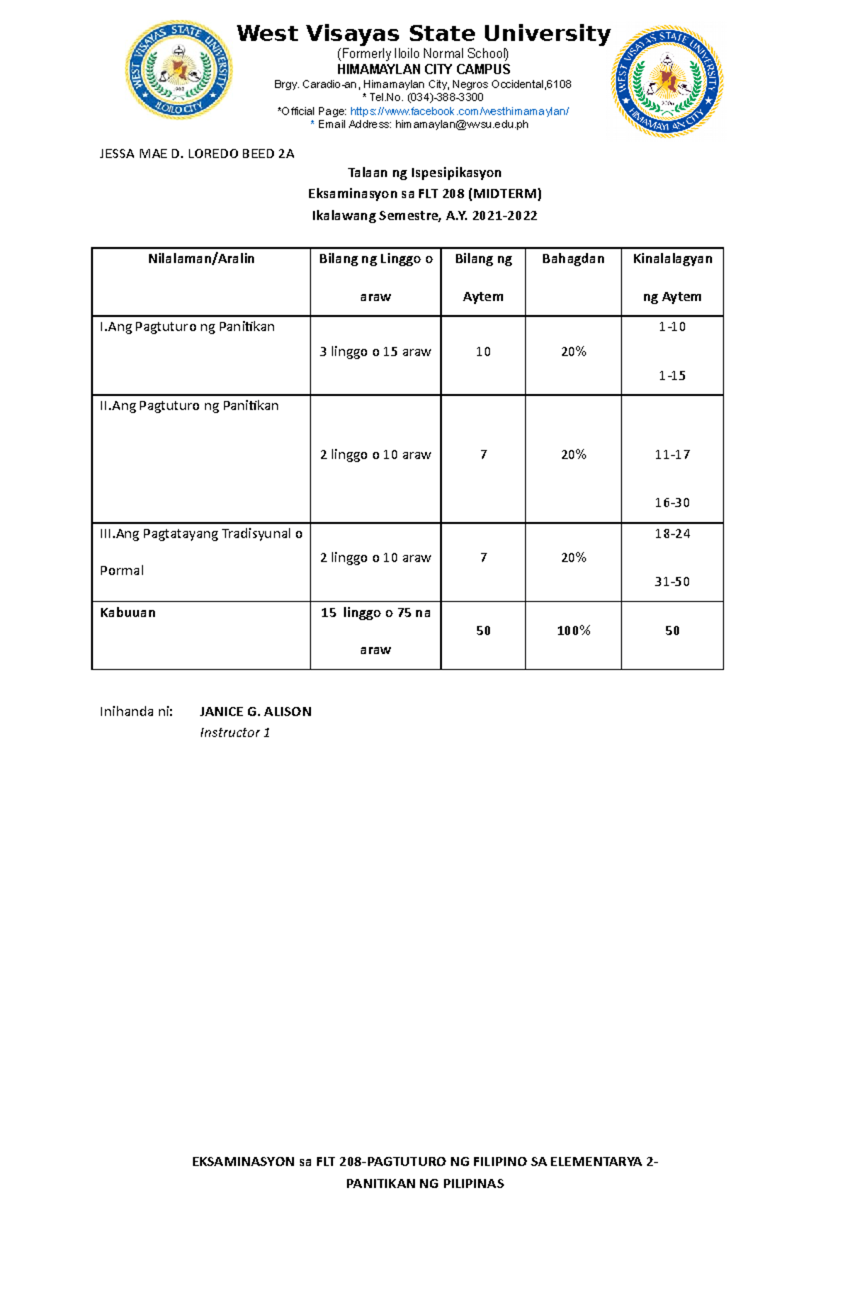 FLT-208- Midterm exam - (Formerly Iloilo Normal School) HIMAMAYLAN CITY ...