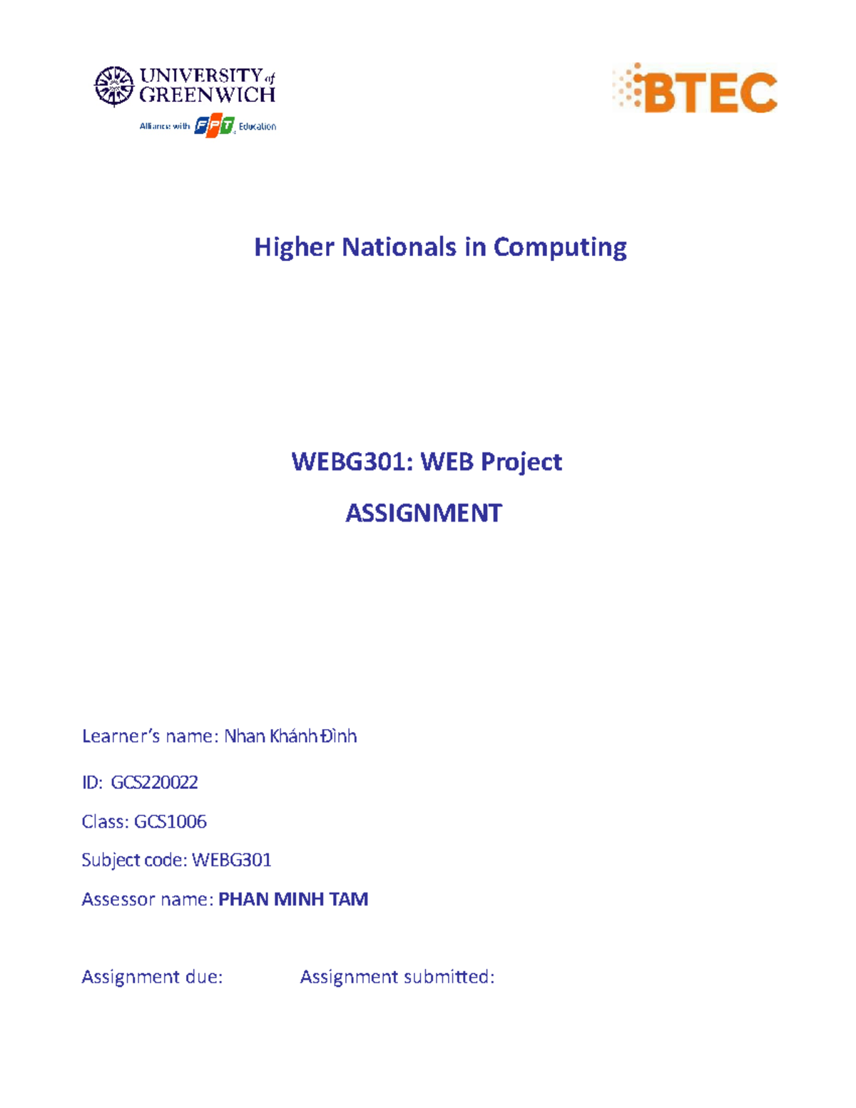 WEBG301 Student ID Project Document - Higher Nationals in Computing WEBG301: WEB Project ...