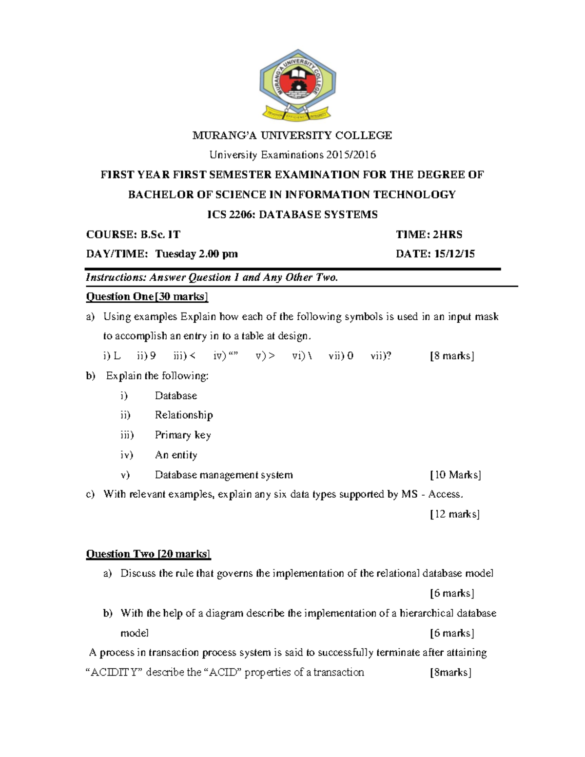 ICS 2206 Database systems-1 - MURANG’A UNIVERSITY COLLEGE University ...