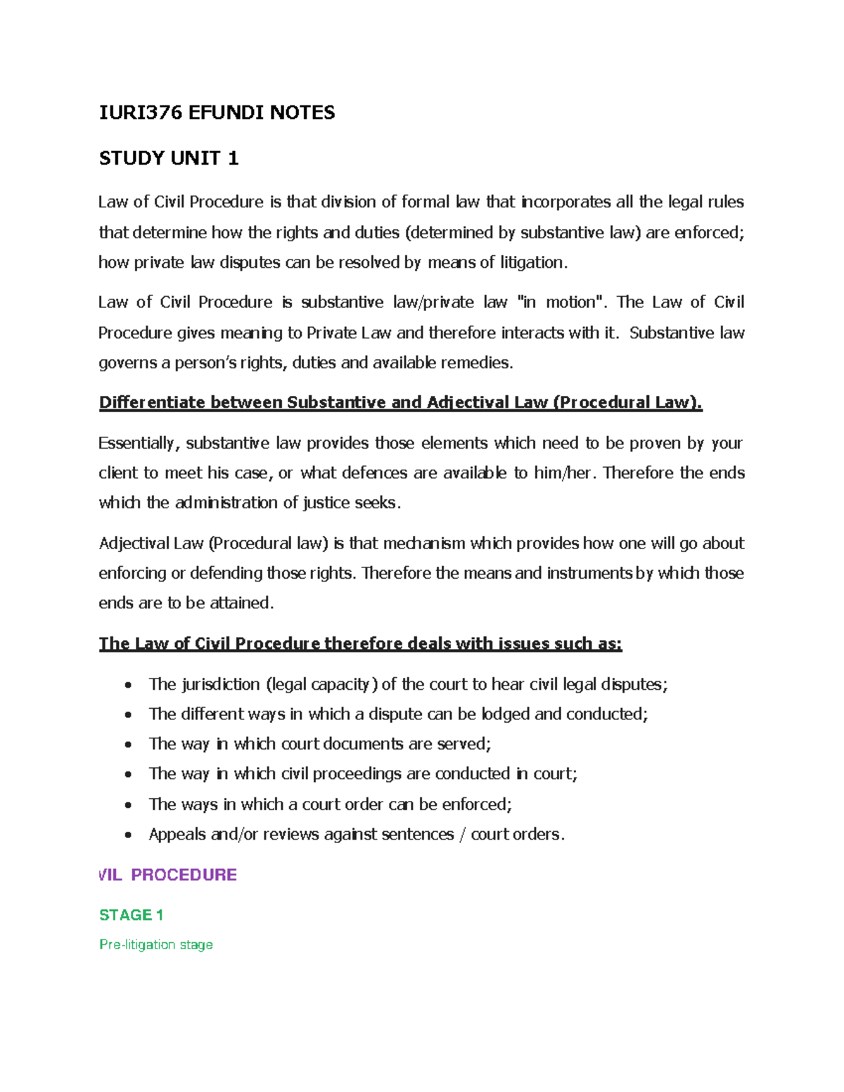 IURI376 Efundi NOTE Short Notes - IURI376 EFUNDI NOTES STUDY UNIT 1 Law ...