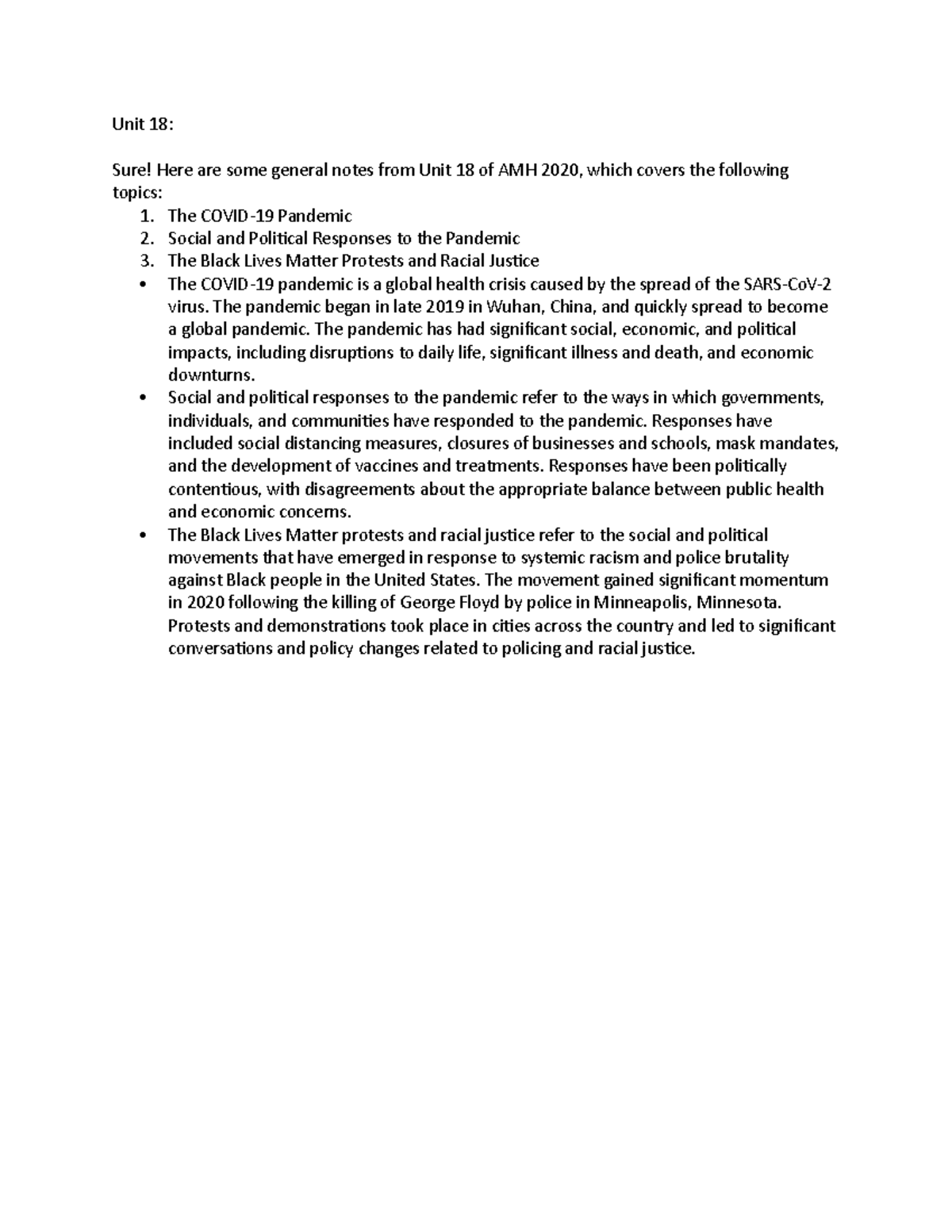 Unit 18 Notes AMH - Unit 18: Sure! Here are some general notes from ...